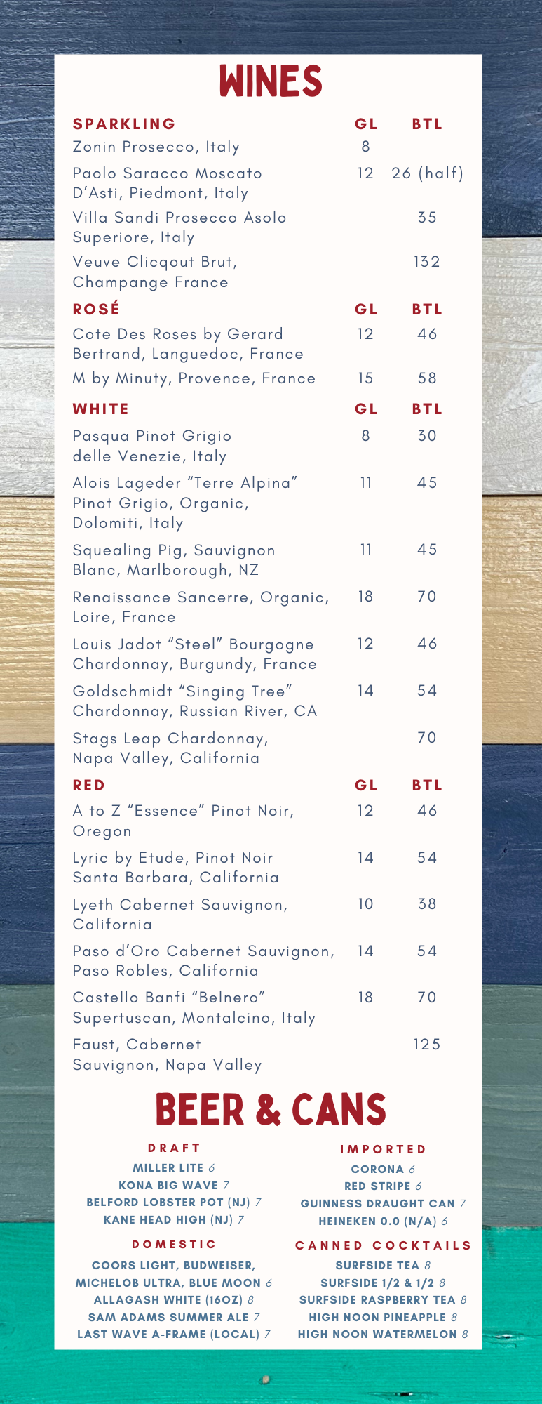 Bar Menu — Red's Lobster Pot