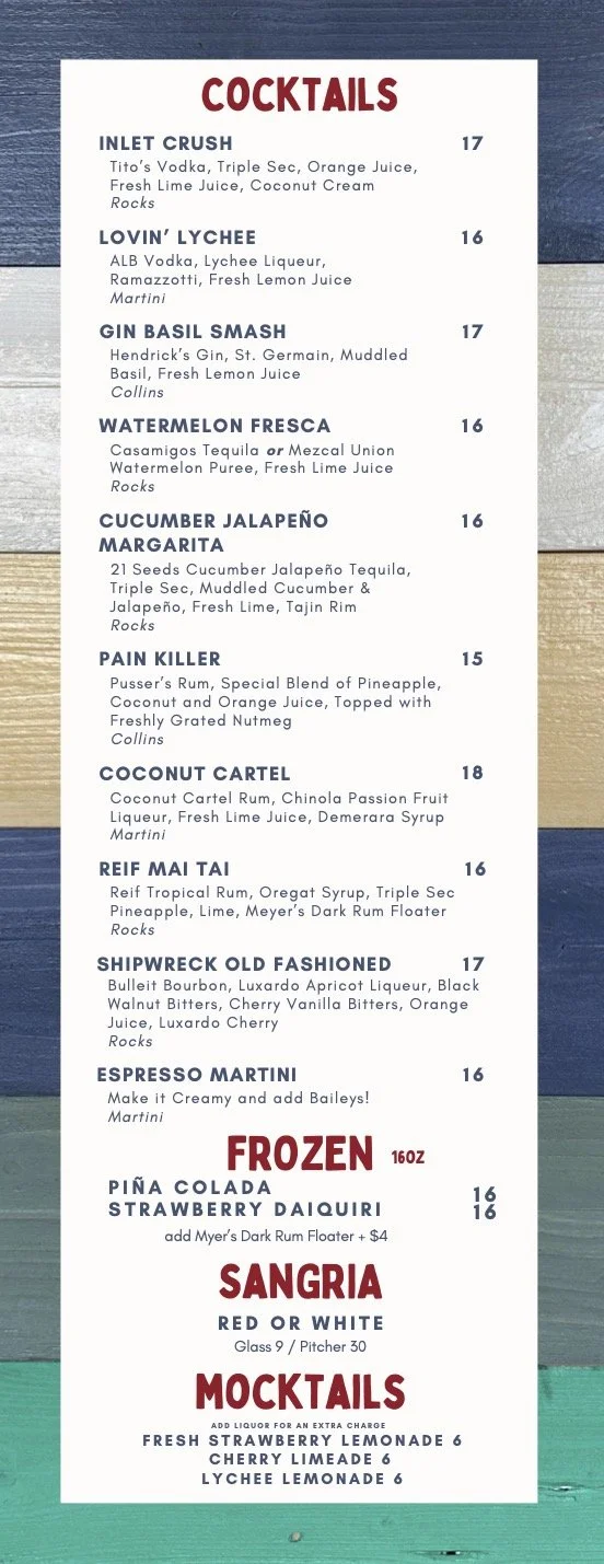 Bar Menu — Red's Lobster Pot