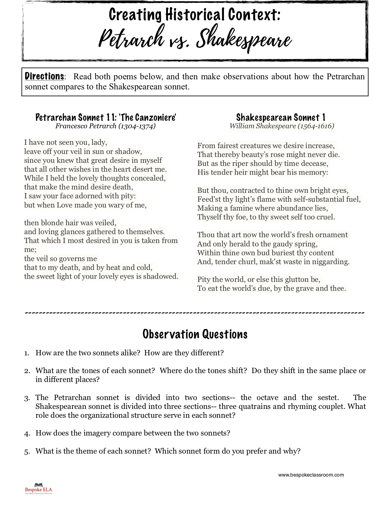 Teaching Shakespearean Sonnets in Secondary ELA — Bespoke ELA: Essay ...