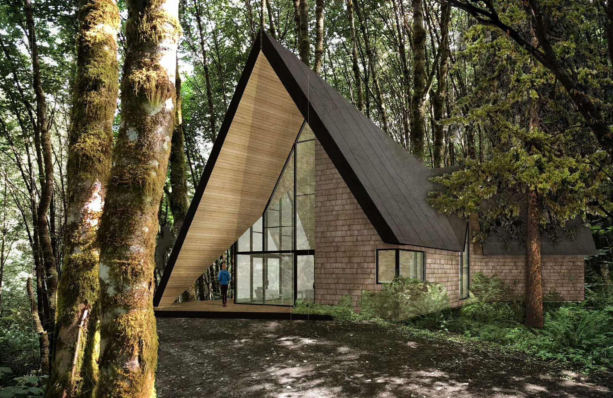 Nestled into the woods, this custom home bends around existing trees to ...