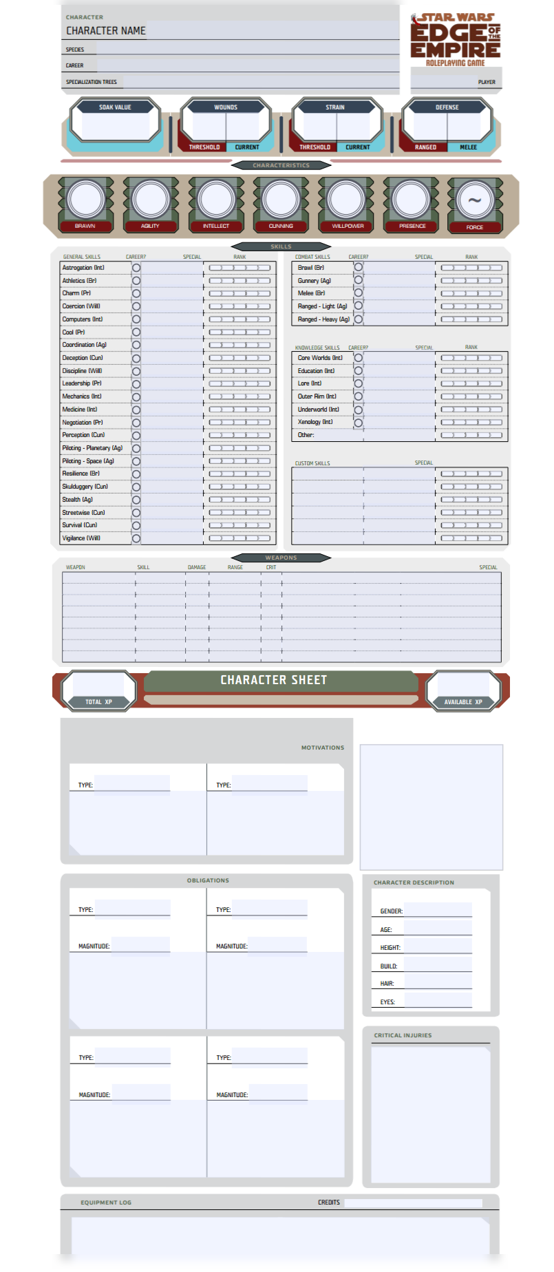 Form Fillable Edge Of The Empire Character Sheet - Kelly Martinez