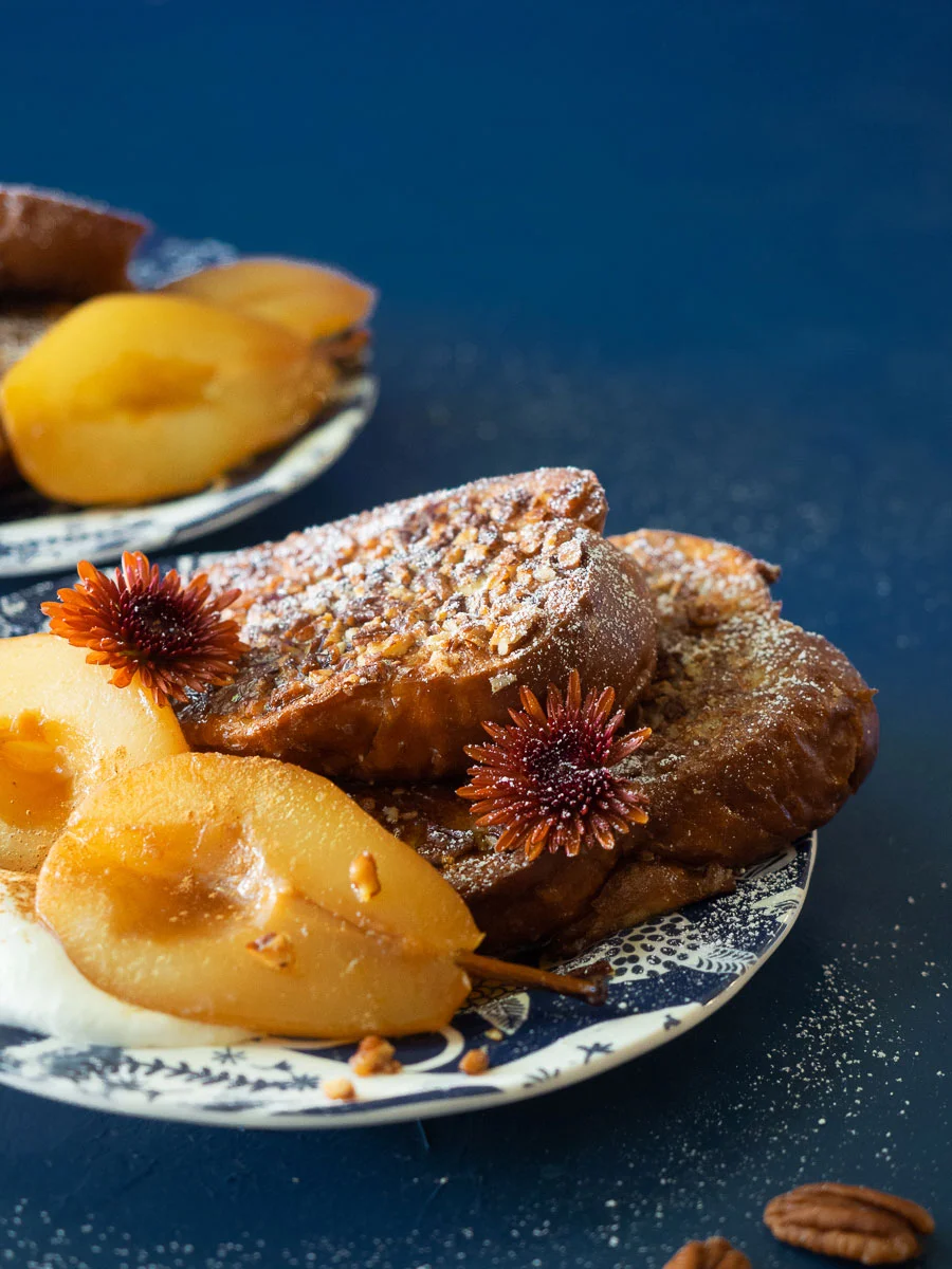 Pecan French Toast with Earl Grey Poached Pears