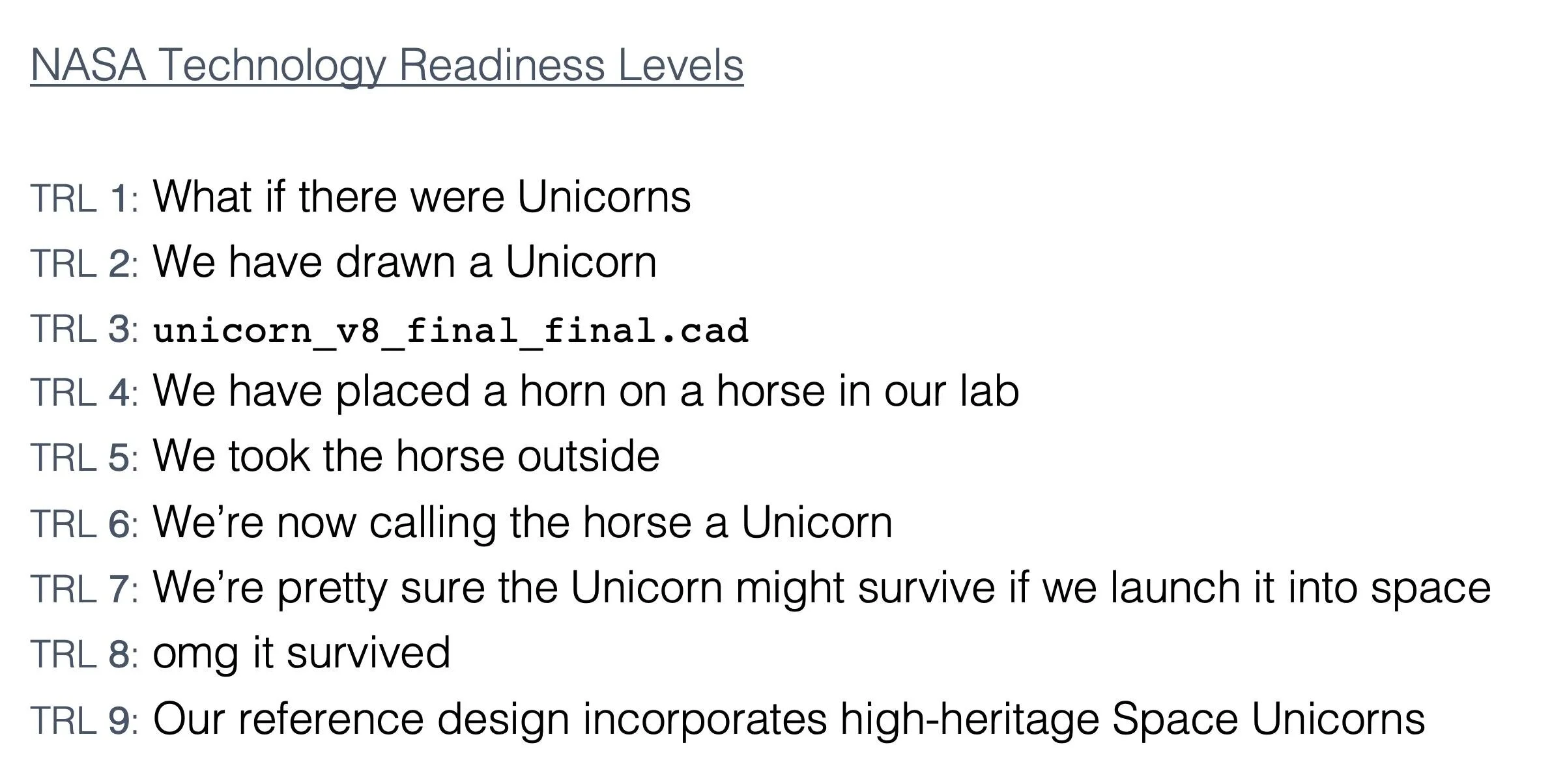 NASA Technology Readiness Levels. With Unicorns. — Dr. Grant Tremblay
