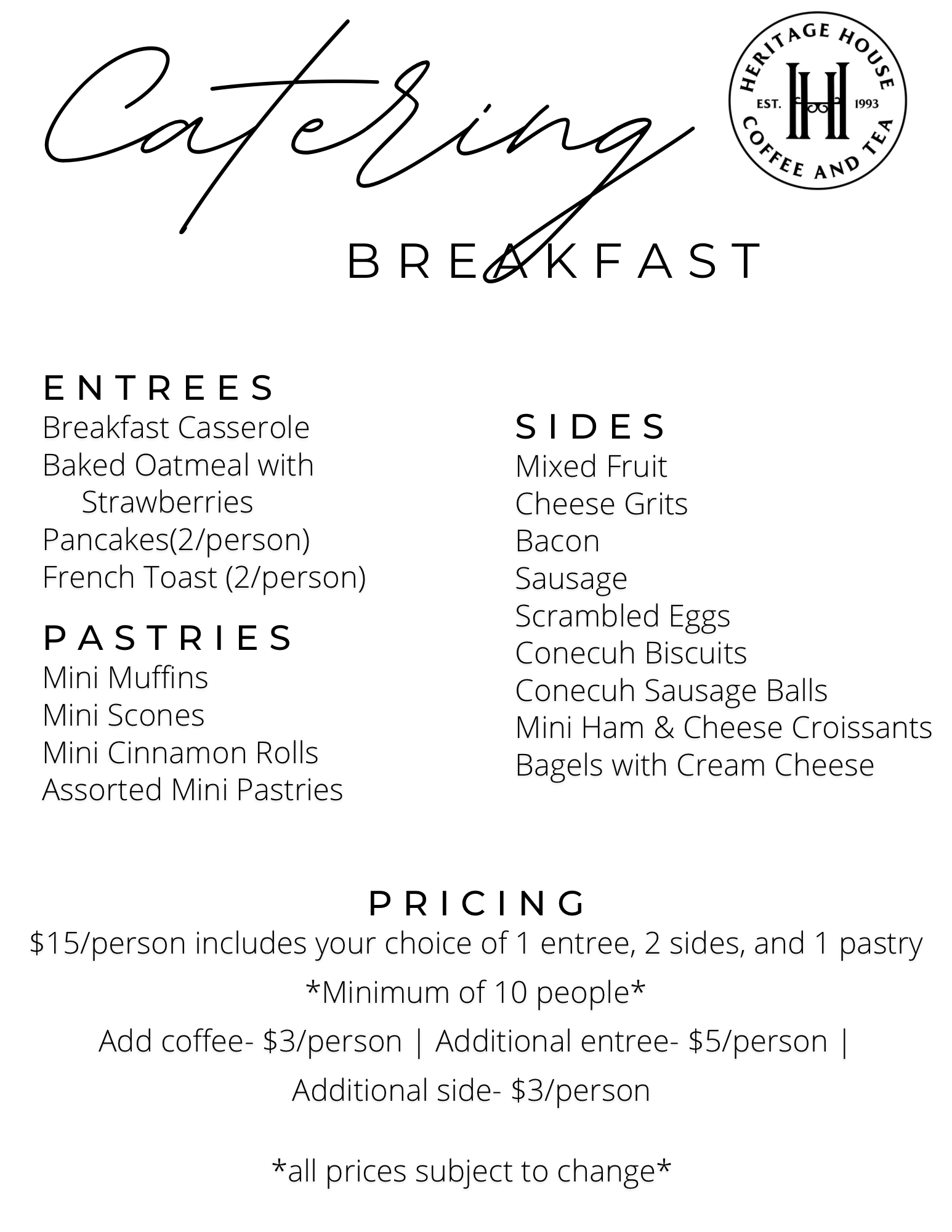 Catering menus — Heritage House Coffee & Tea