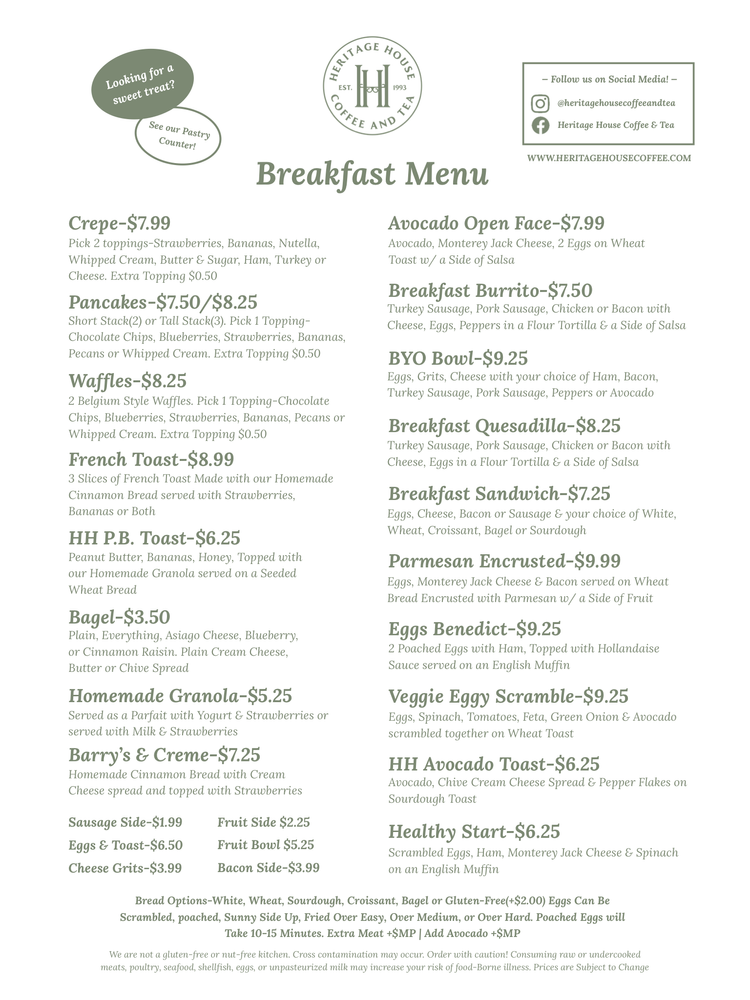 Menu — Heritage House Coffee & Tea