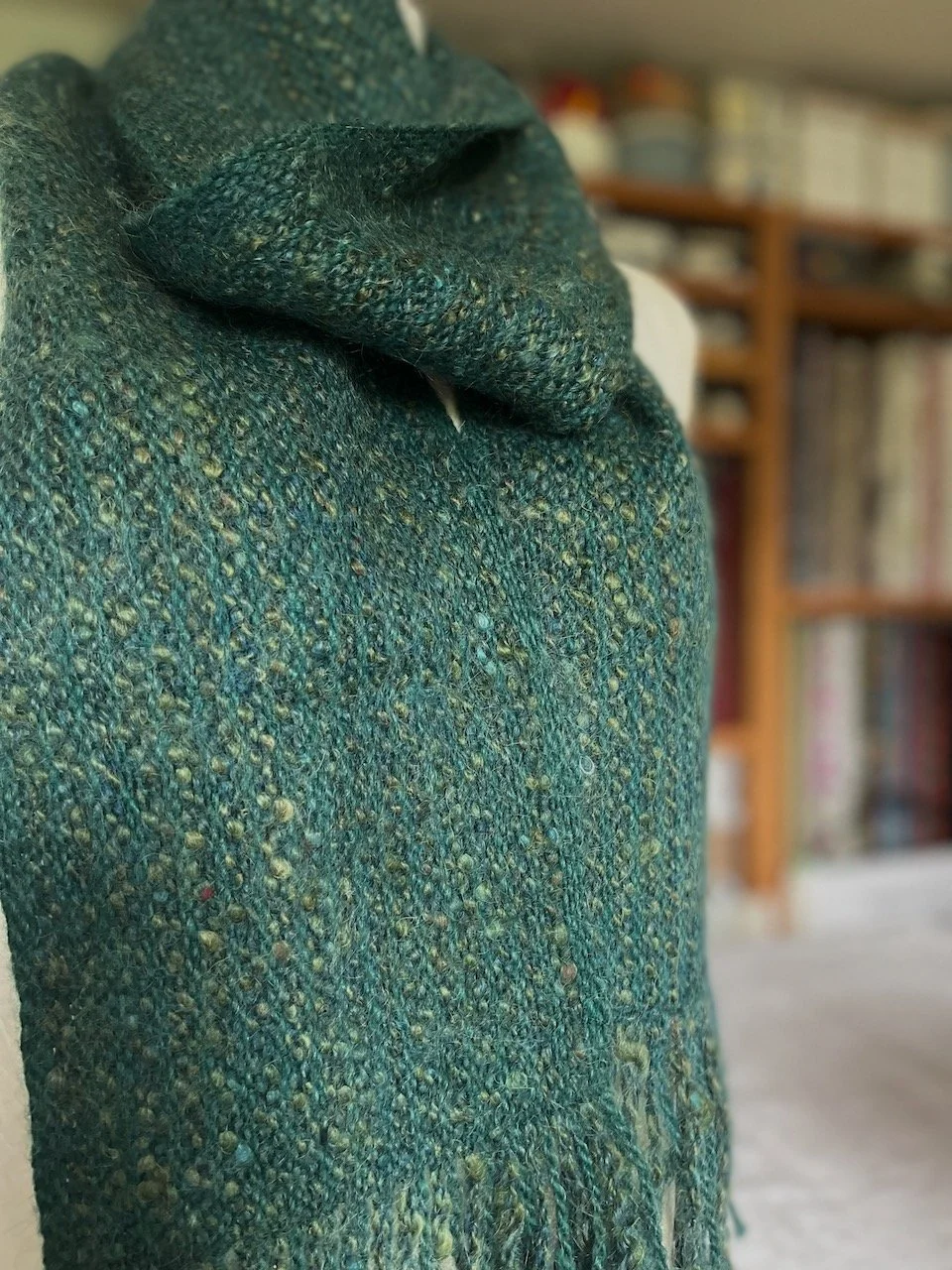 Handwoven Hand Dyed Mohair Wool Scarf - Teal Green - Fiber to Yarn