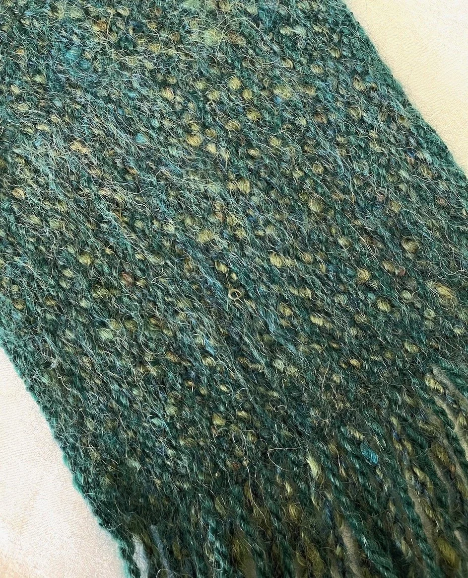 Handwoven Hand Dyed Mohair Wool Scarf - Teal Green - Fiber to Yarn