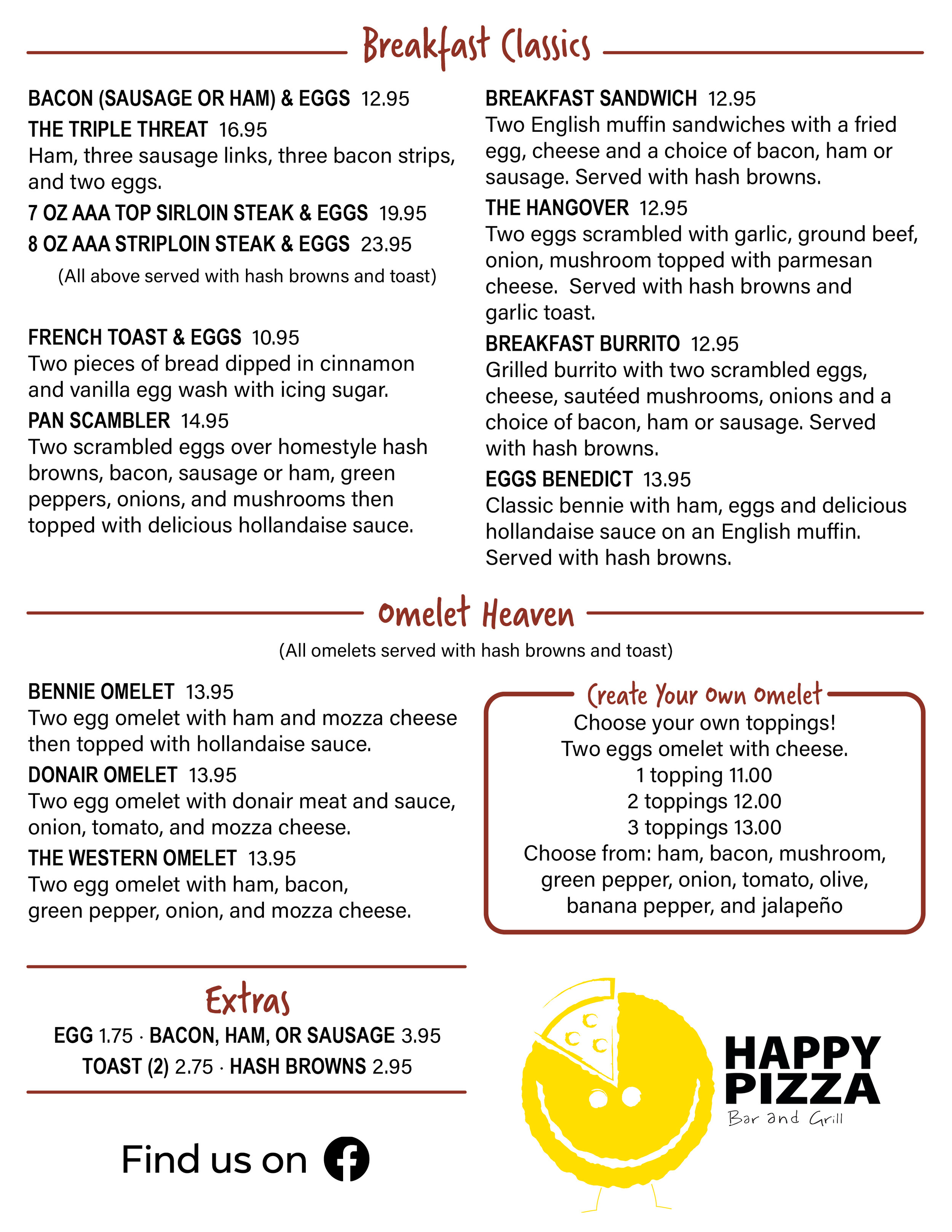 Breakfast Menu — Happy Pizza Bar and Grill