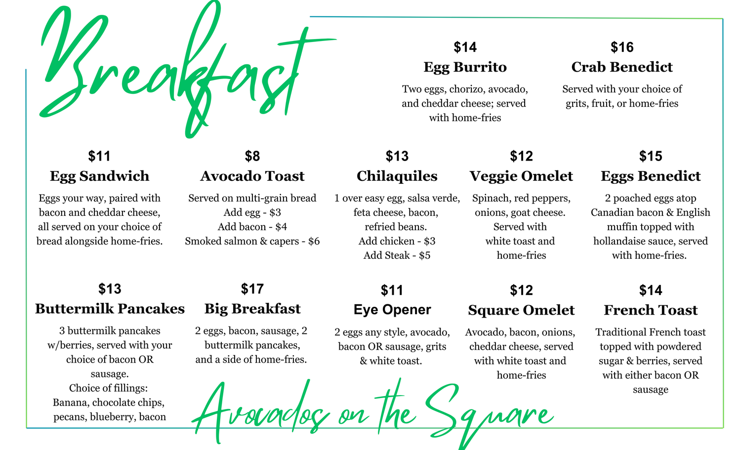 Menus — Avocados Restaurant