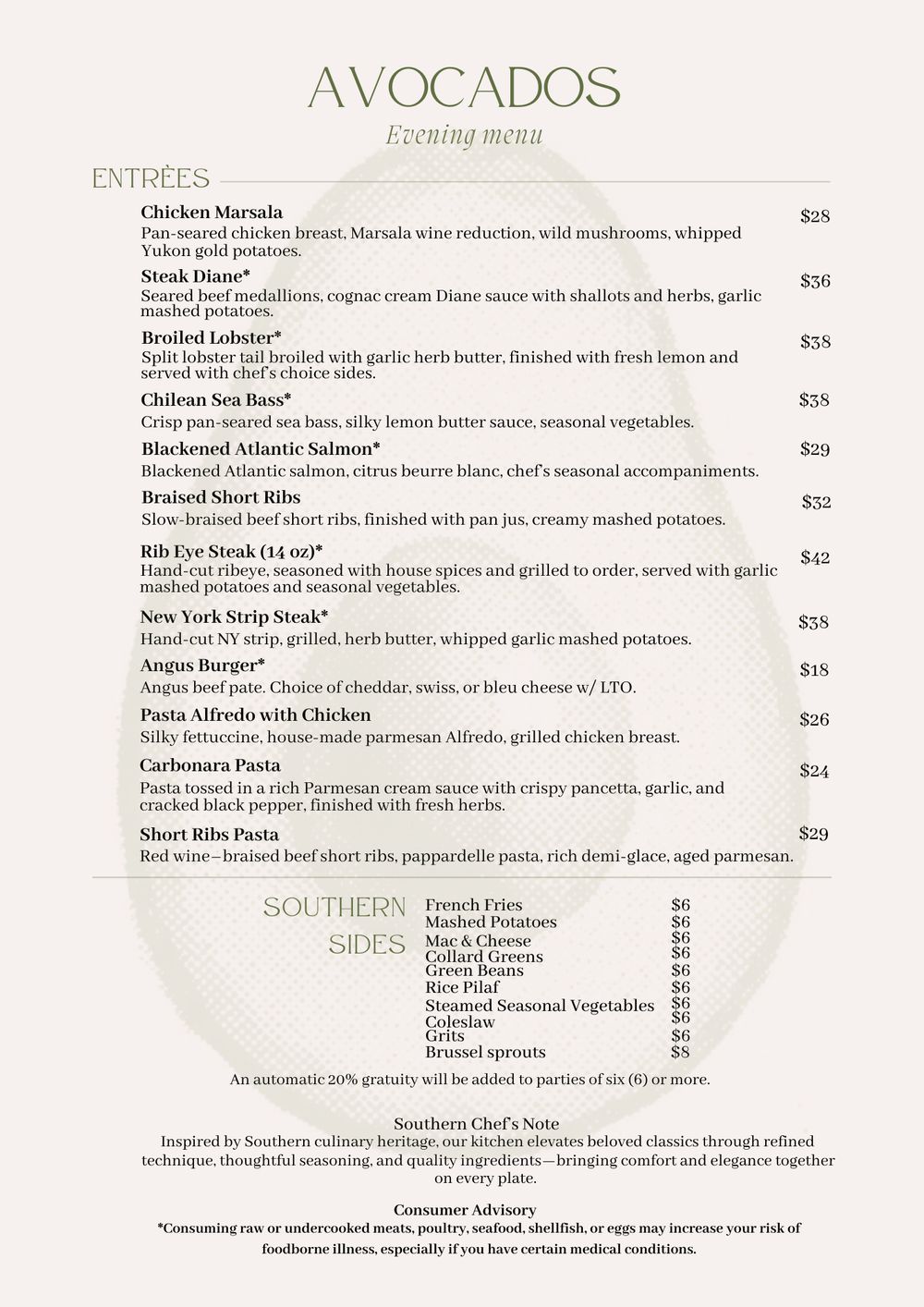 Menus — Avocados Restaurant