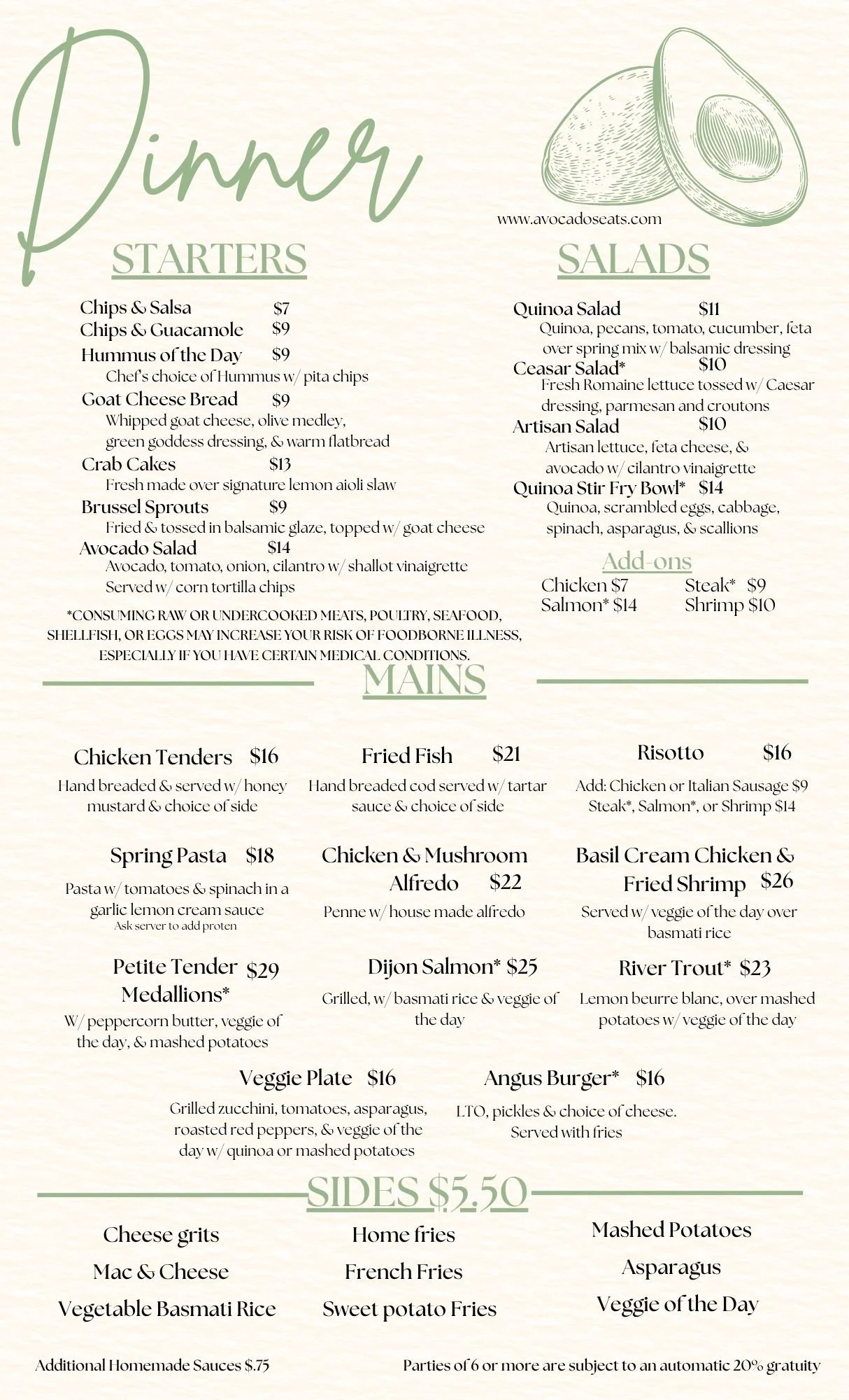 Menus — Avocados Restaurant