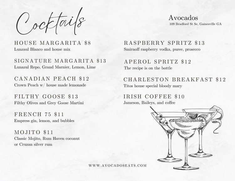 Menus — Avocados Restaurant