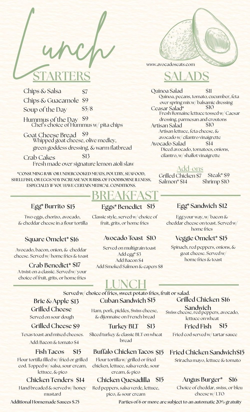Menus — Avocados Restaurant