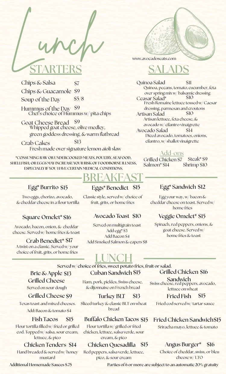 Menus — Avocados Restaurant