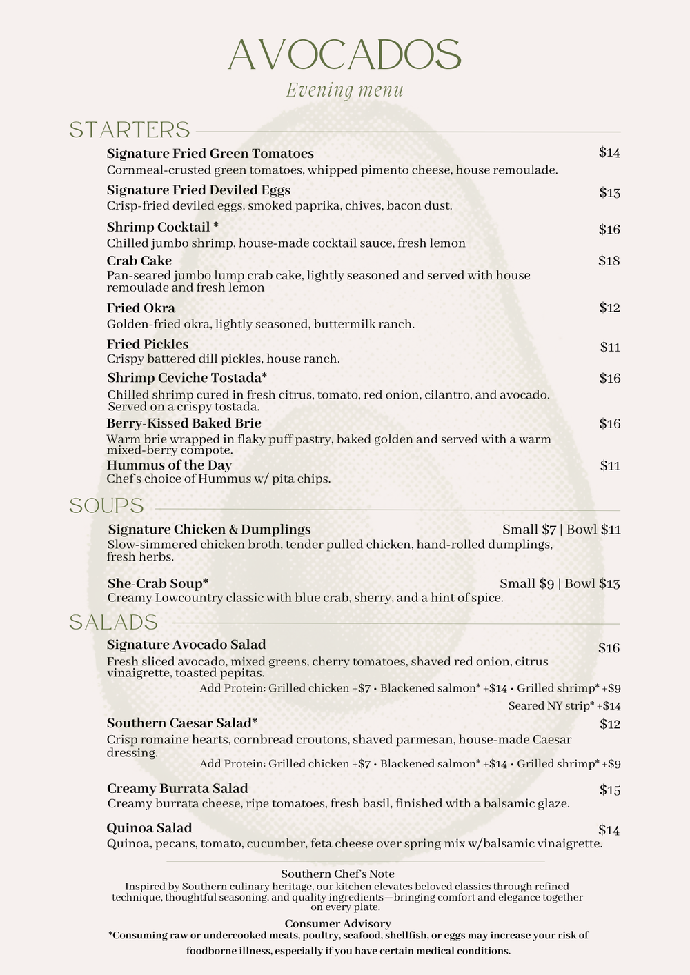 Menus — Avocados Restaurant