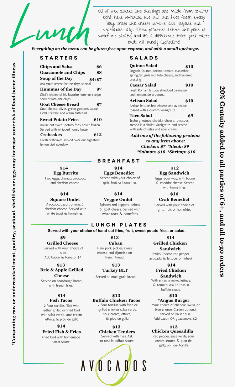 Menus — Avocados Restaurant