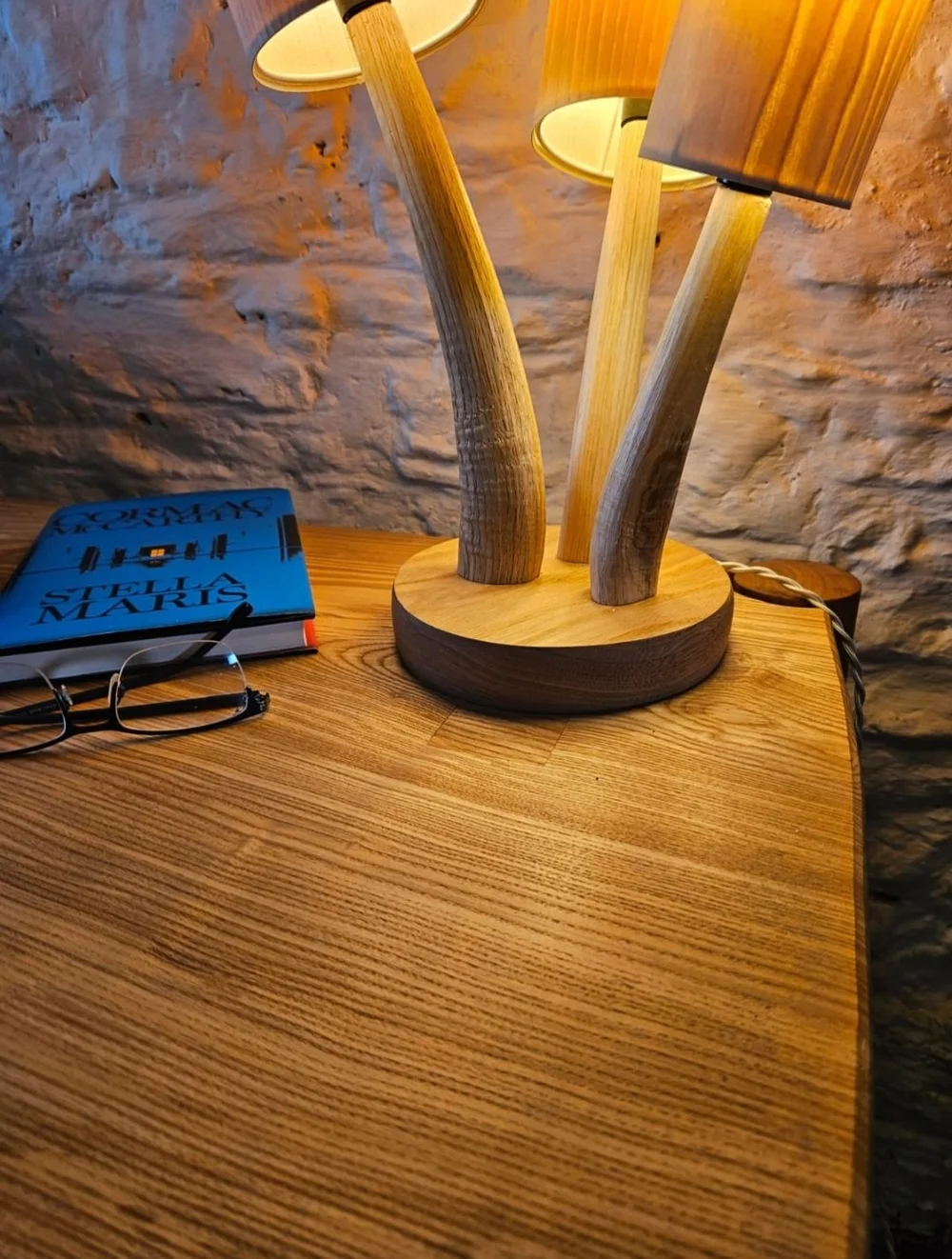 Single Stem Brown Oak Lamp with Oak Shade — Peter Lanyon Furniture