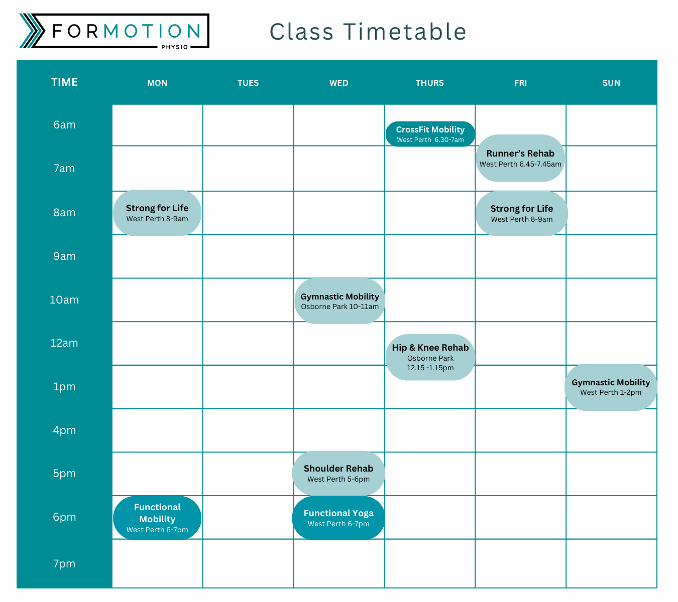 Formotion Physio, Class timetable