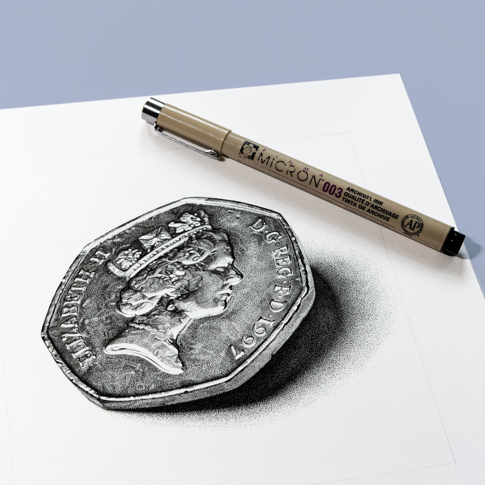50 Pence Piece Pointillist Pen Drawing — Louis Savage