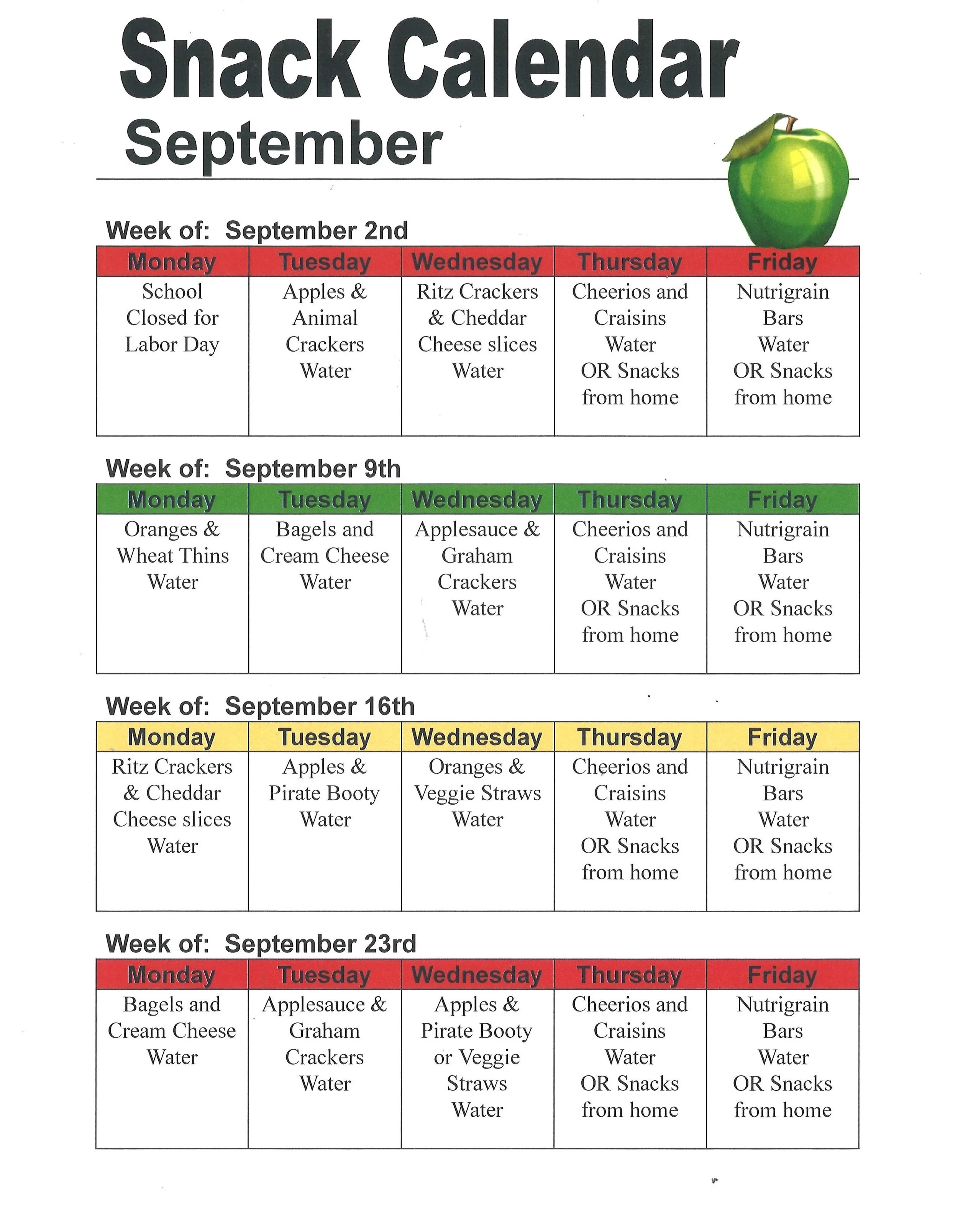 Snack Calendar — Northminster Preschool