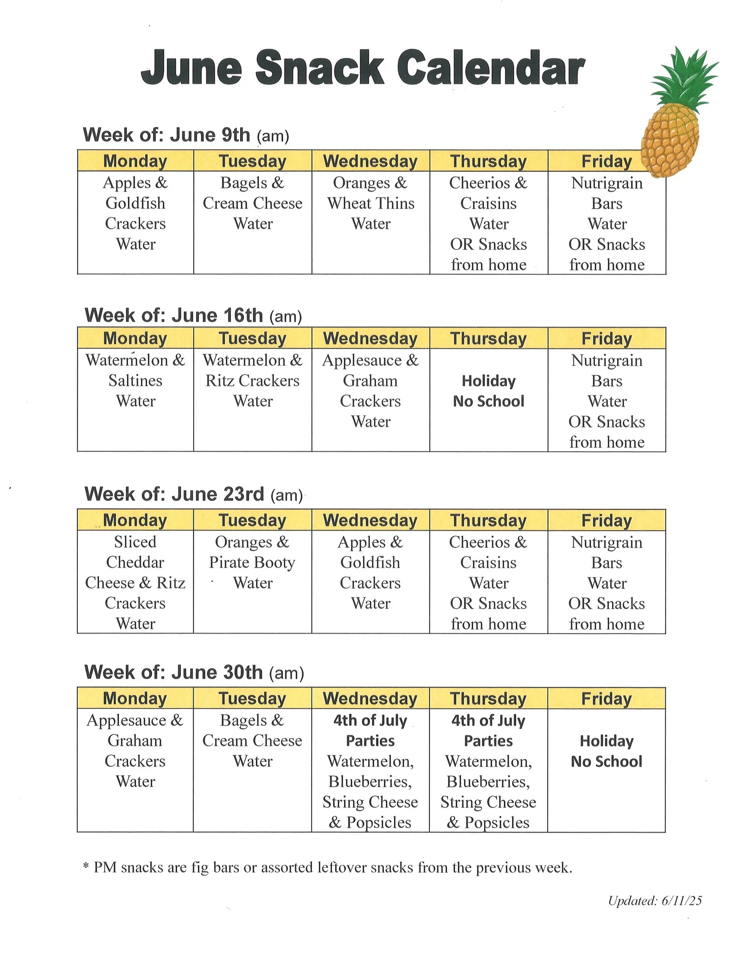 Snack Calendar — Northminster Preschool