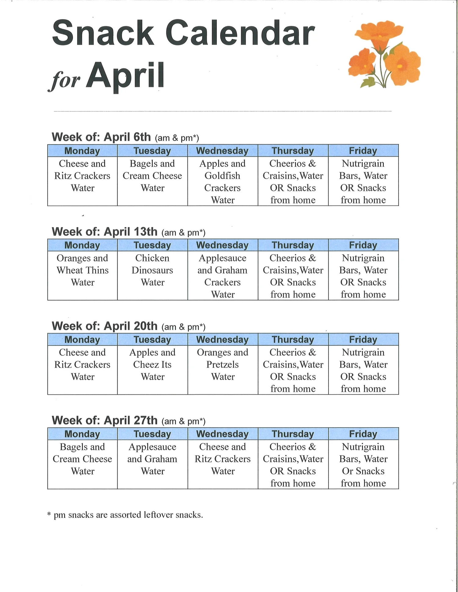 Snack Calendar — Northminster Preschool