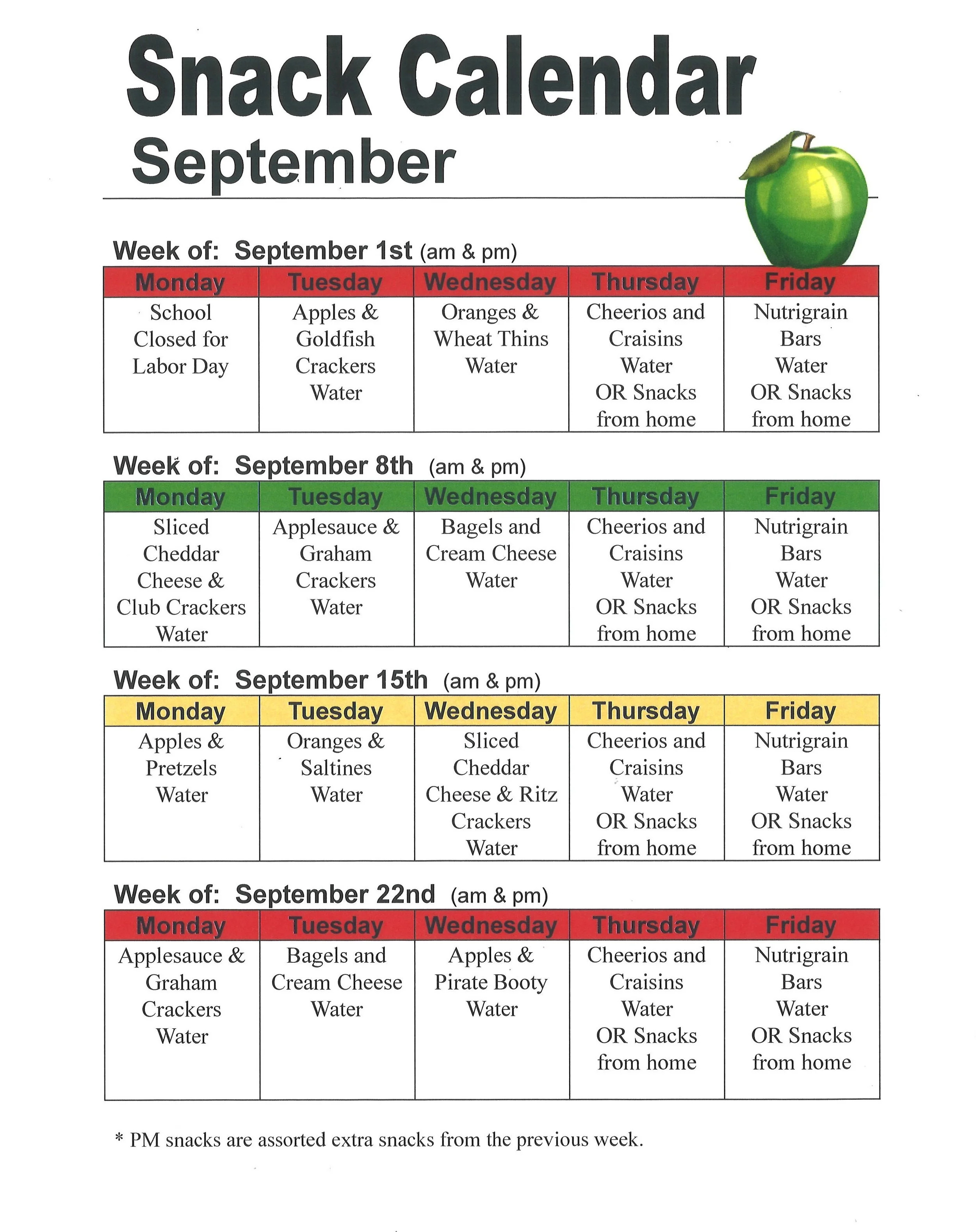 Snack Calendar — Northminster Preschool