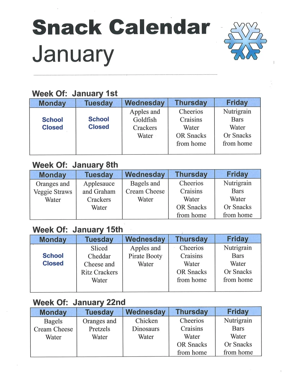 Snack Calendar — Northminster Preschool
