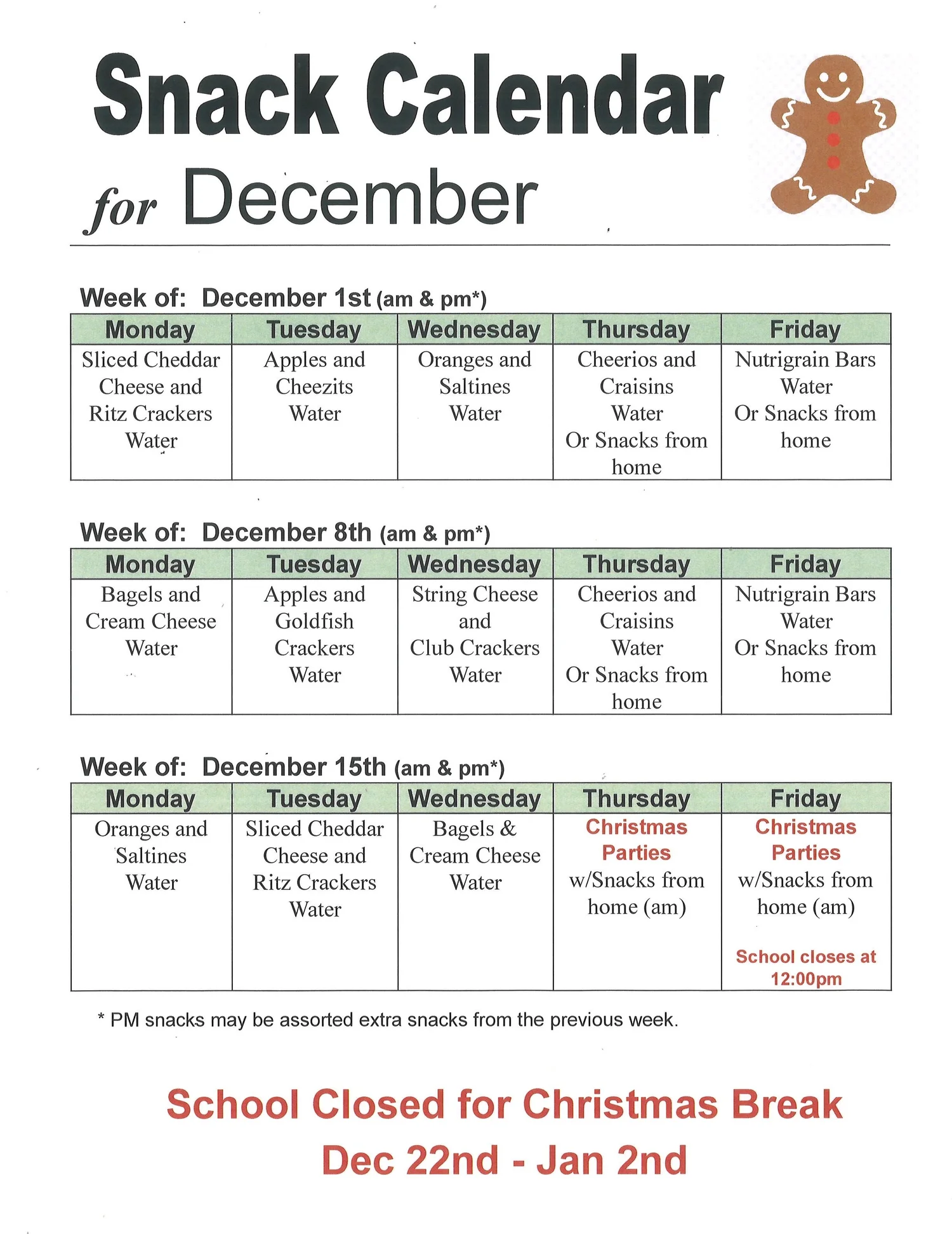 Snack Calendar — Northminster Preschool
