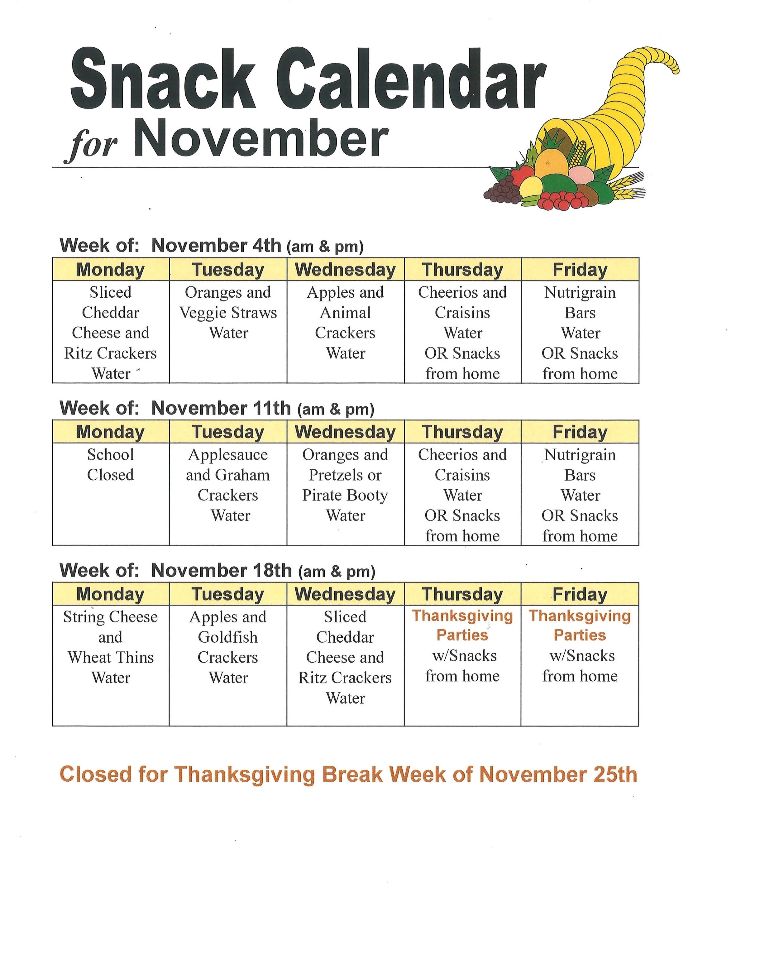 Snack Calendar — Northminster Preschool