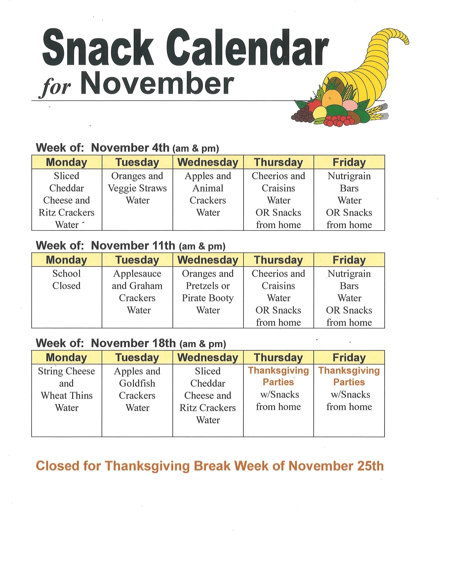 Snack Calendar — Northminster Preschool