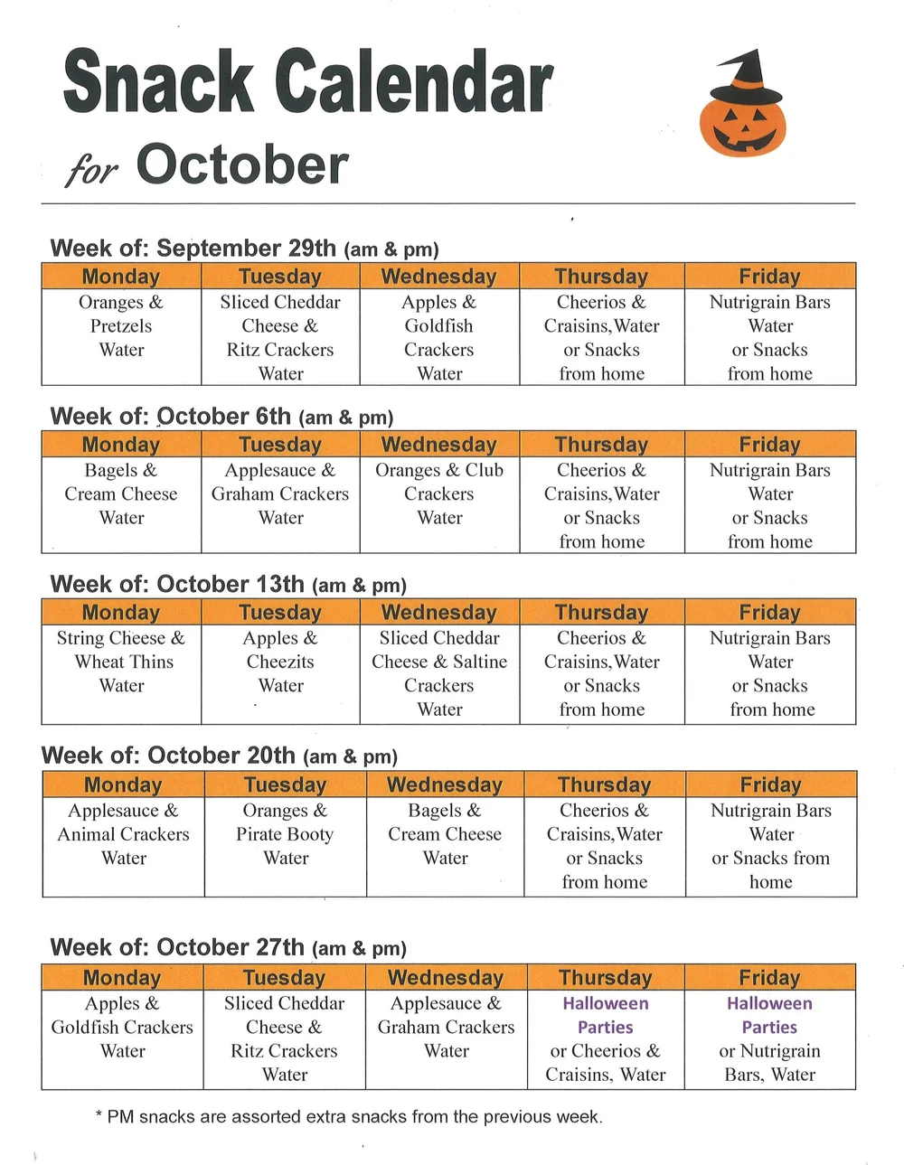 Snack Calendar — Northminster Preschool