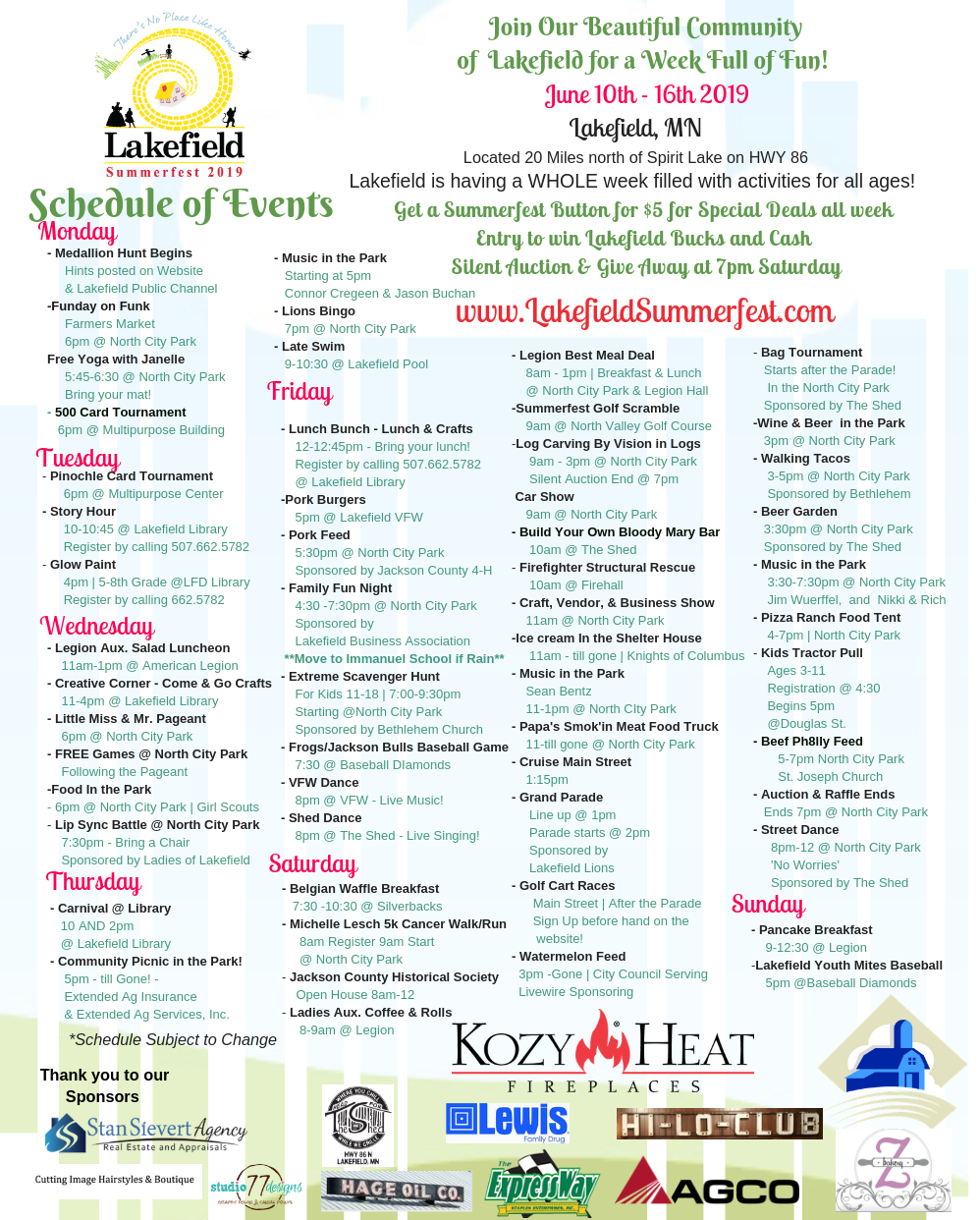 2019 Week Long Schedule — Lakefield Summerfest