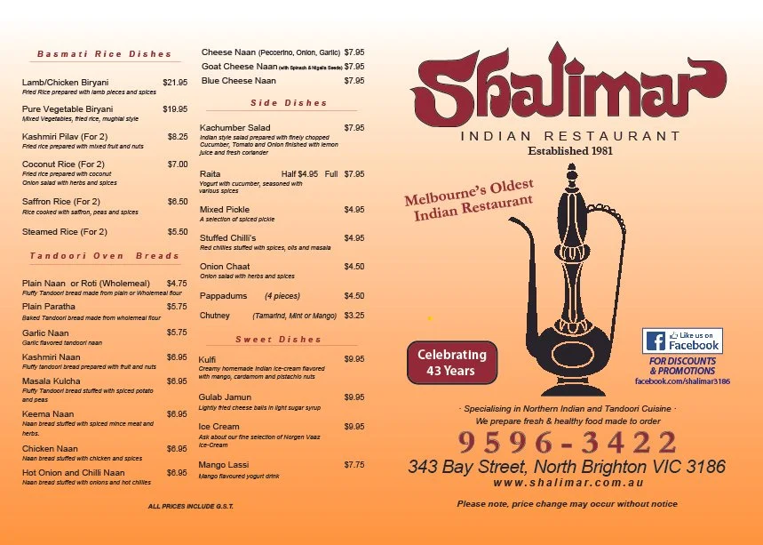 Takeaway Menu — Shalimar Indian Restaurant