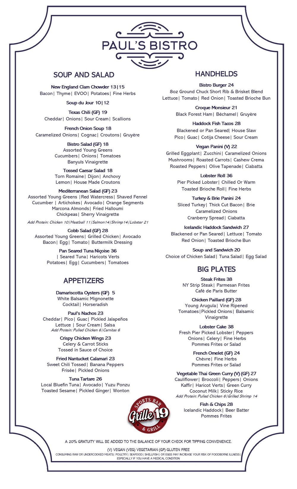 Lunch Menu — Paul's Bistro Menu