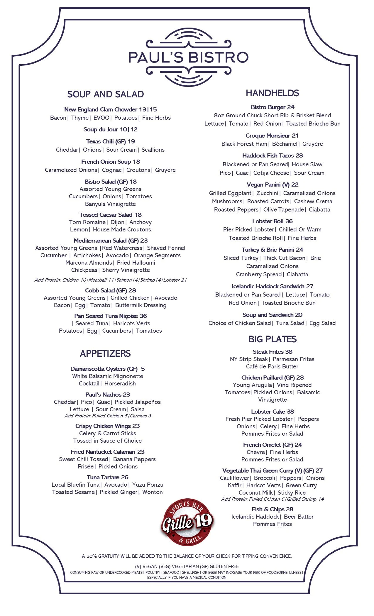 Lunch Menu — Paul's Bistro Menu