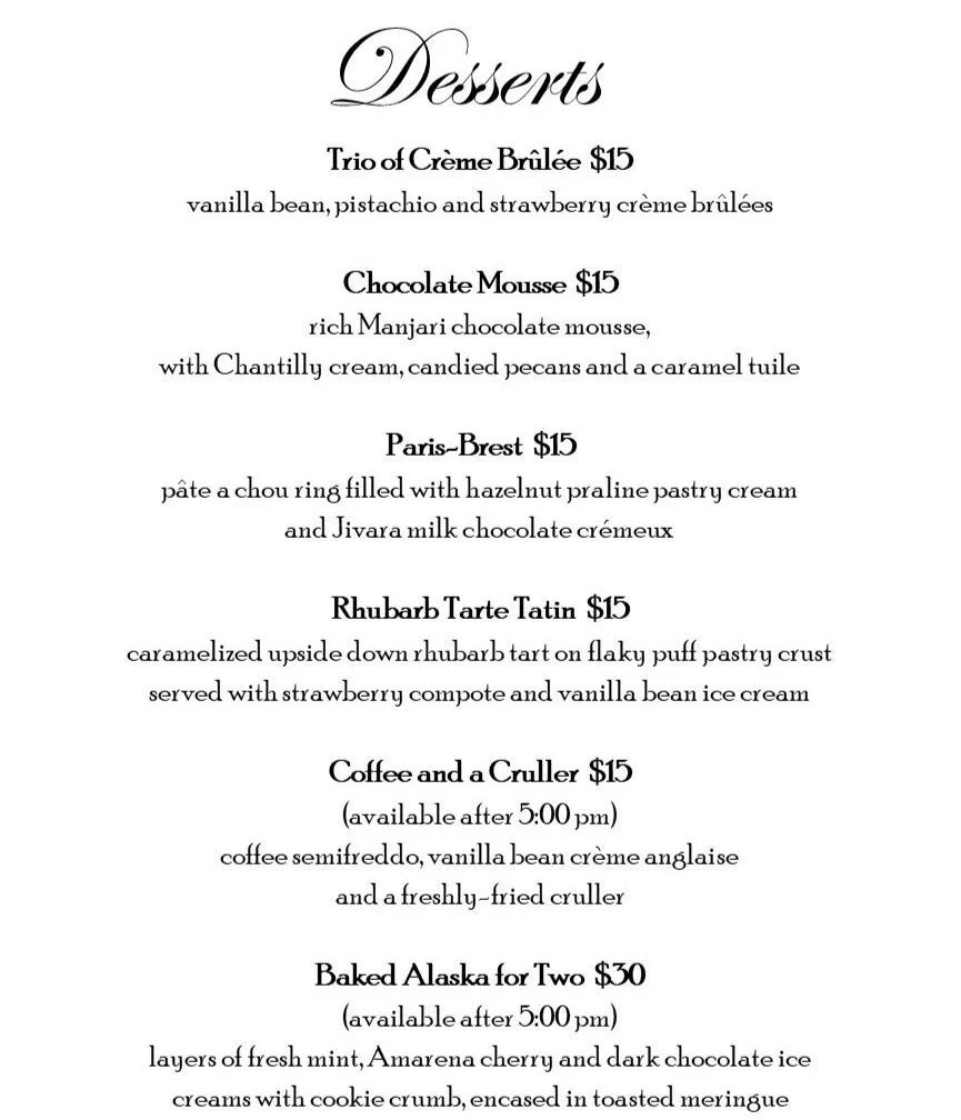Dessert Menu — Paul's Bistro Menu