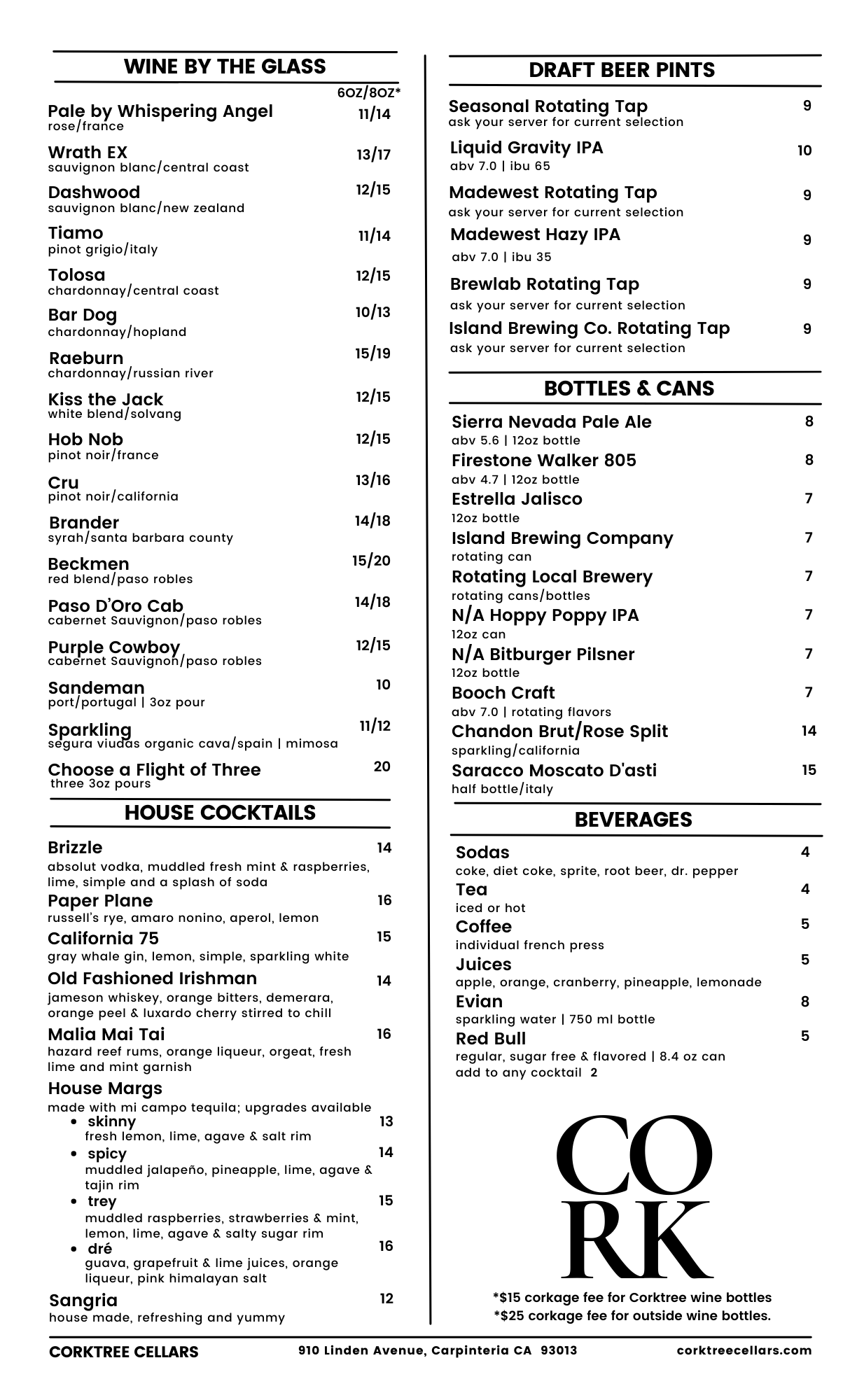 Menu — Corktree Cellars