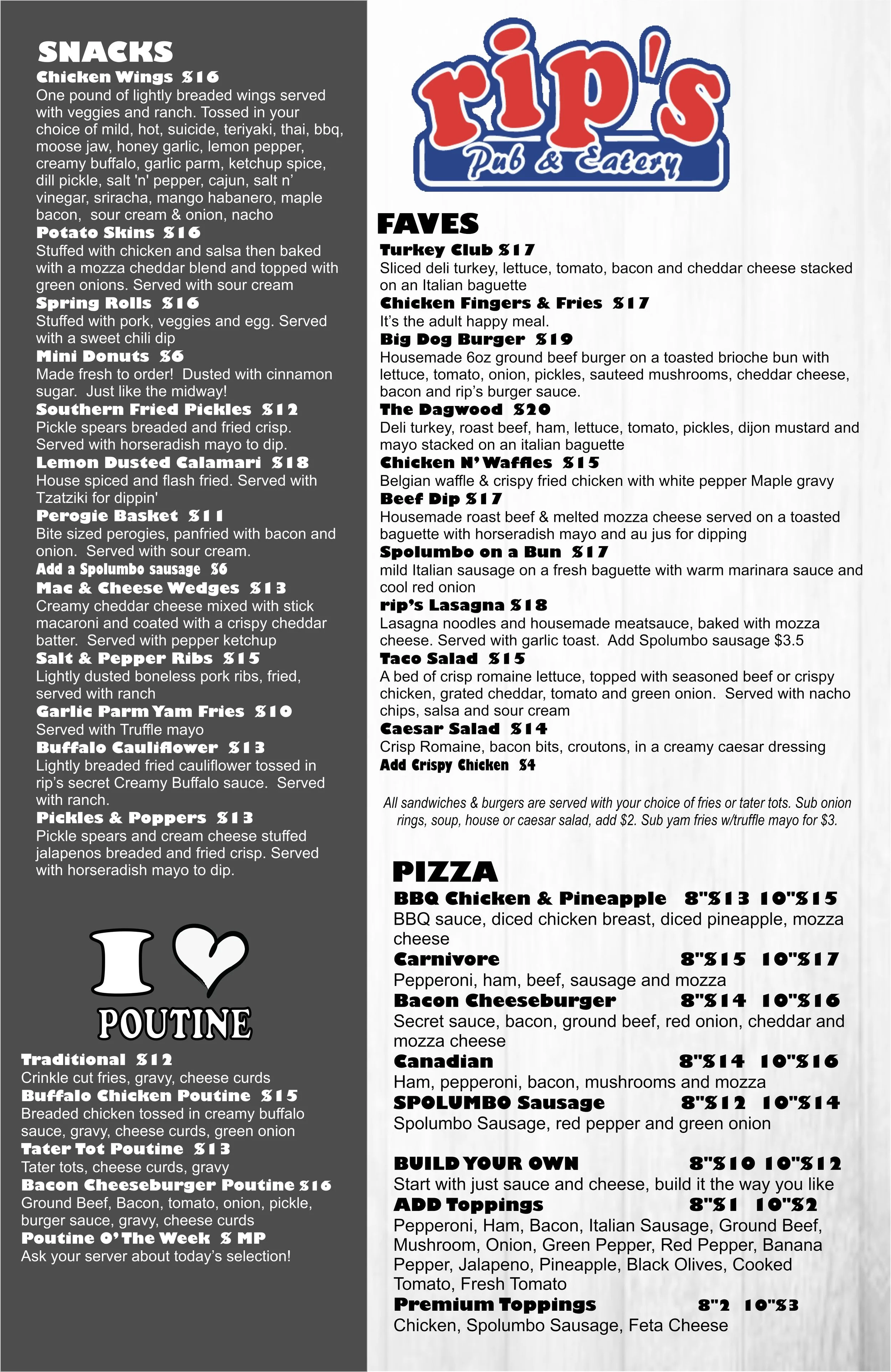 Rip's Pub and Eatery - Menu
