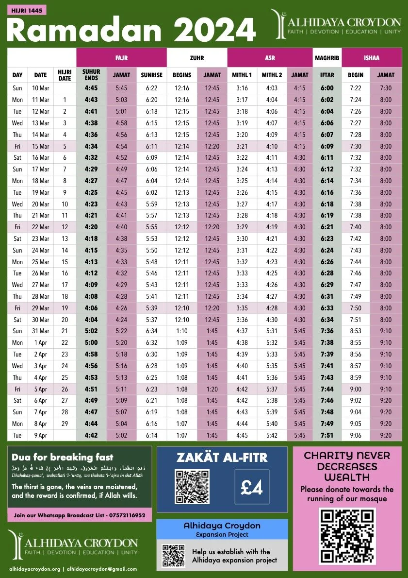 Ramadan 2024/1445 Timetable — Alhidaya Croydon Masjid