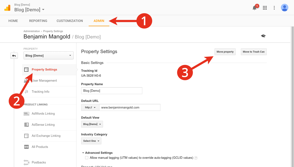 Moving a Google Analytics property to another account