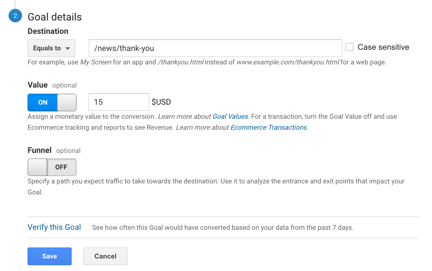 How to correctly configure goals and funnels in Google Analytics