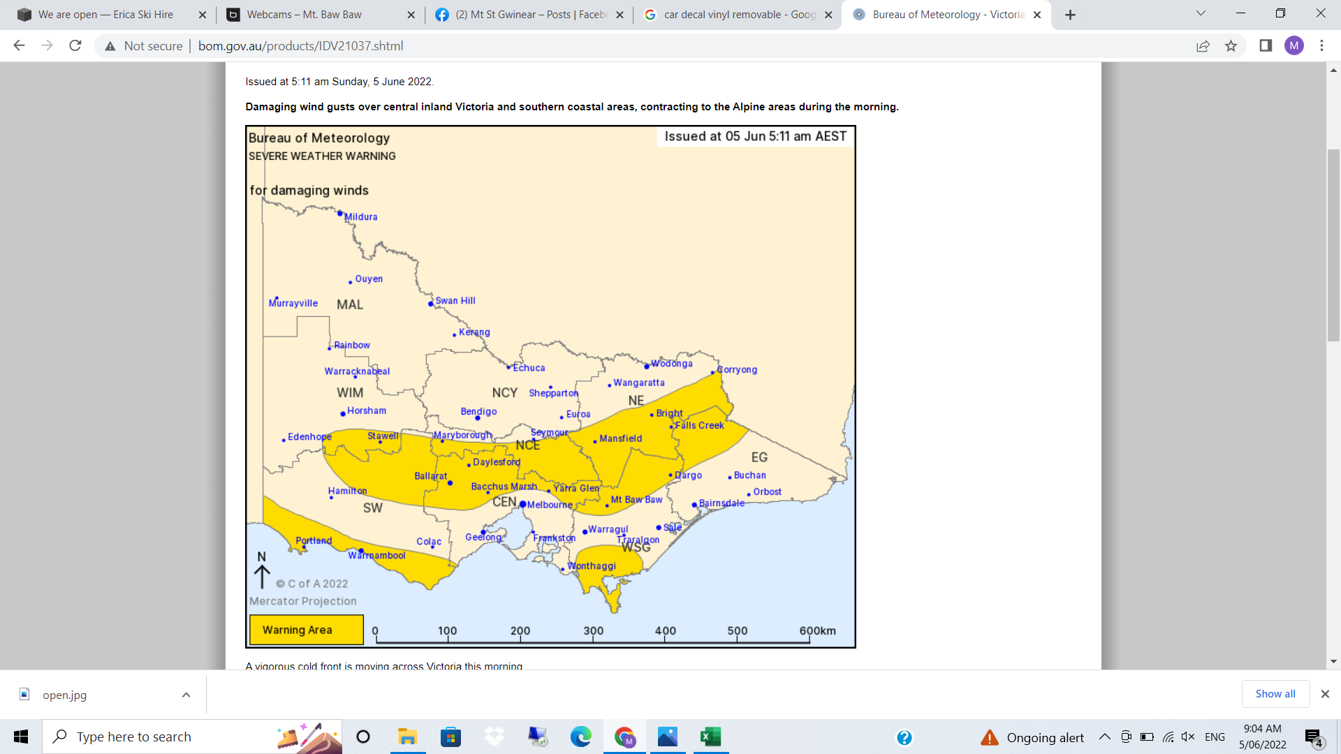 Weather warning current — Erica Ski Hire