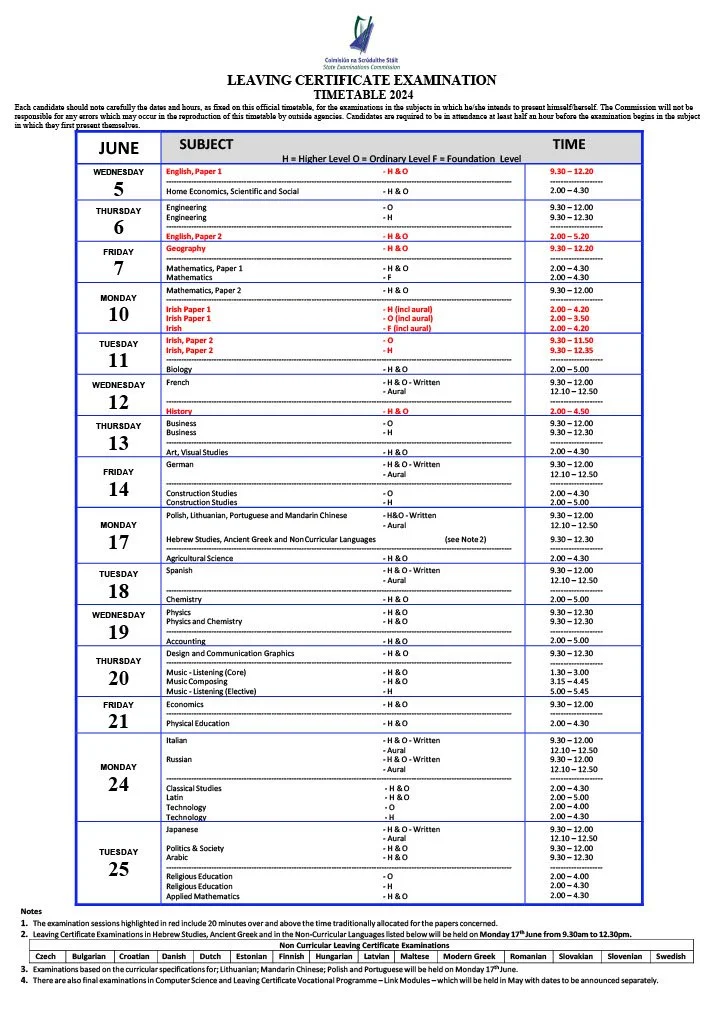 Leaving Cert and Junior Cycle Exam Timetables June 2024 — Skibbereen ...