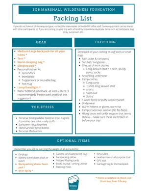 Packing List — Bob Marshall Wilderness Foundation