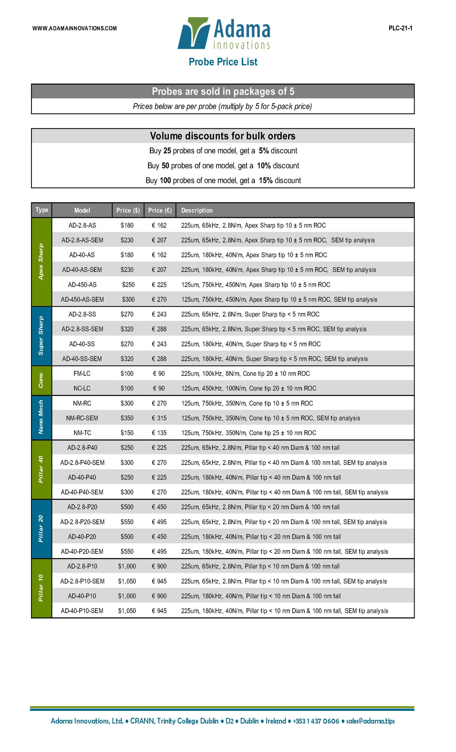 Price List — Adama Innovations
