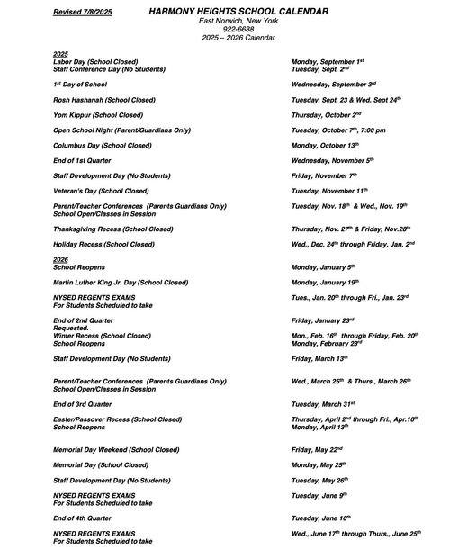 Academic Calendar — Harmony Heights Day School