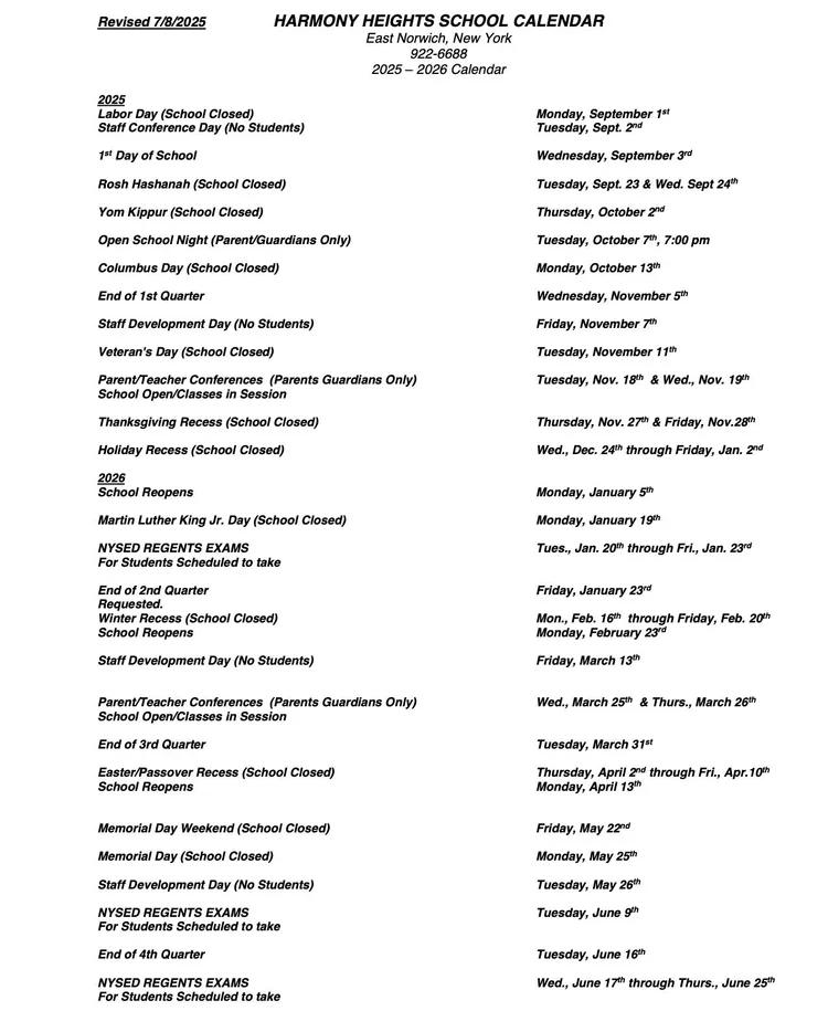 Academic Calendar — Harmony Heights Day School