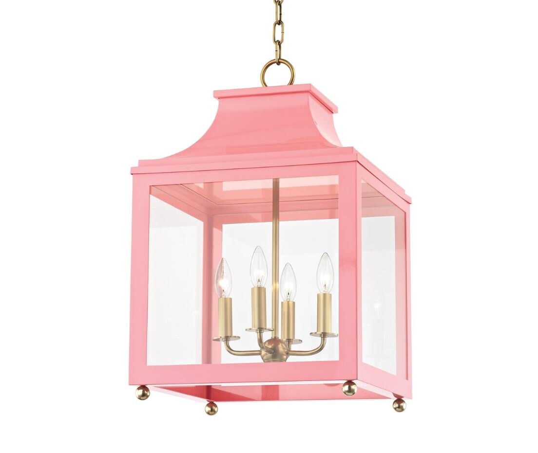 SMALL FOUR LIGHT LANTERN IN PINK WITH BRASS CHAIN — Meg Braff Designs
