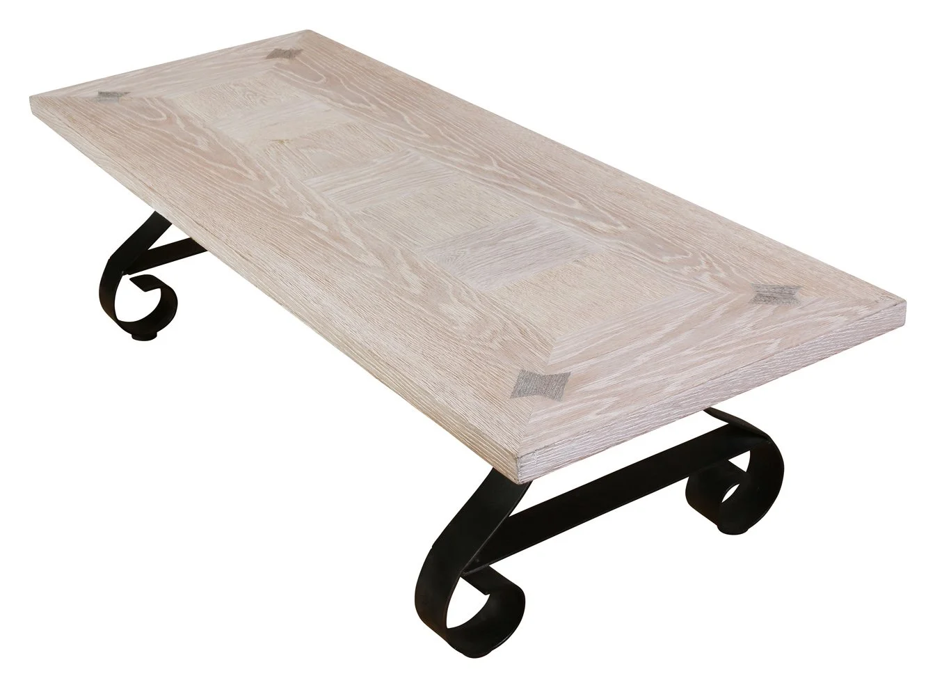 CERUSED OAK COFFEE TABLE WITH SCROLL IRON BASE — Meg Braff Designs
